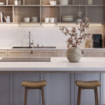 Transitional one-wall kitchen with an island in Caesarstone Dreamy Carrera 5140 | 17027 ...
